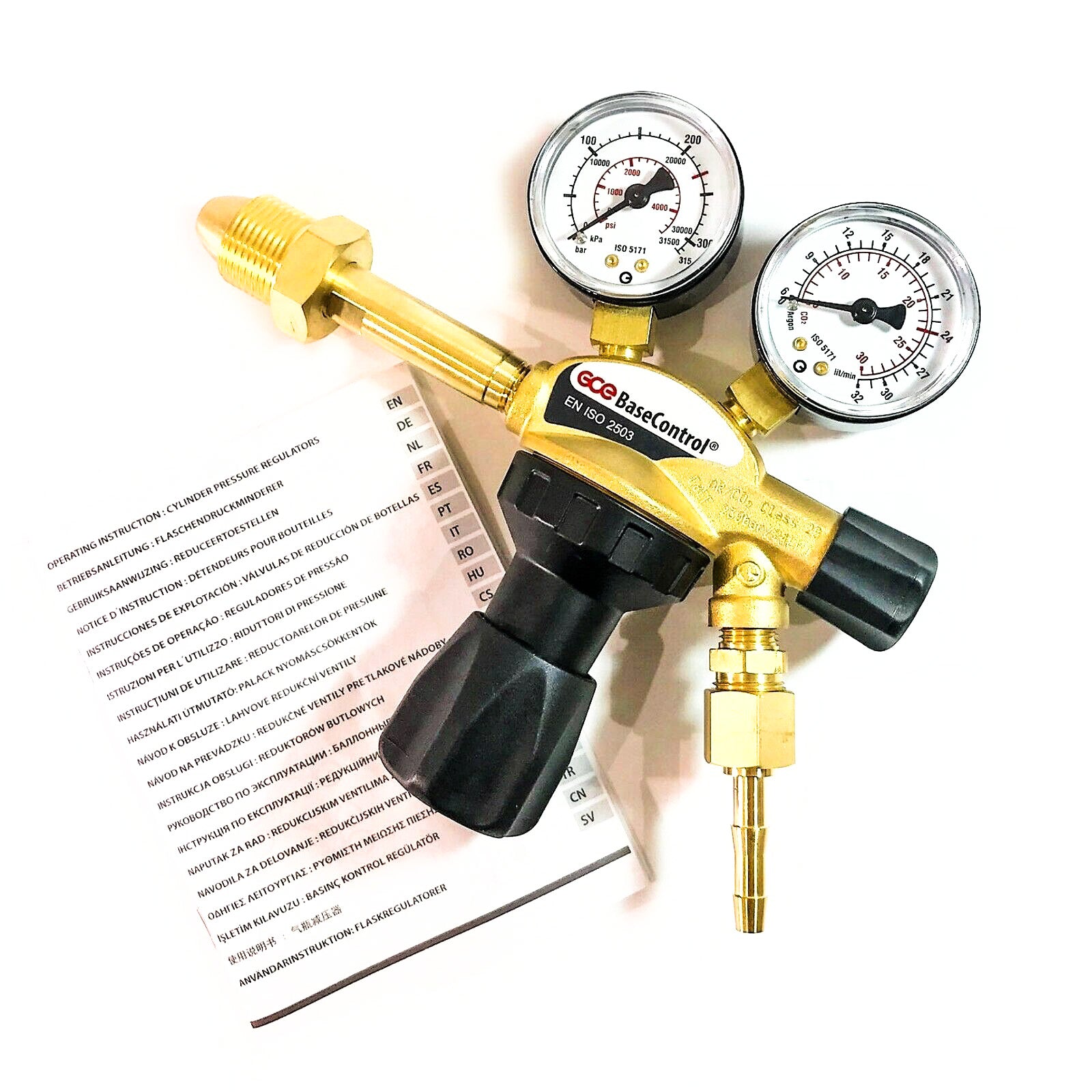 Pressure reducer for Argon / CO2 with 2 GCE Basecontrol pressure gauges